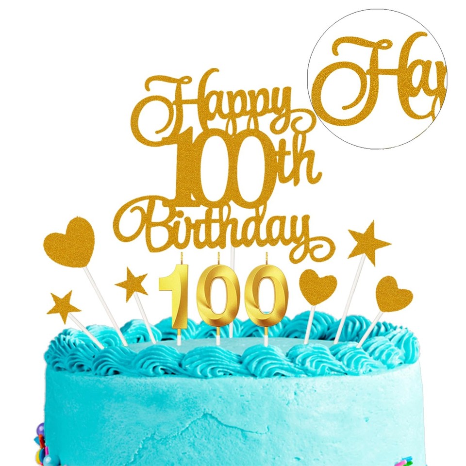 100th Cake Decoration, 100th Candle Golden Number Candle Happy Cake ...