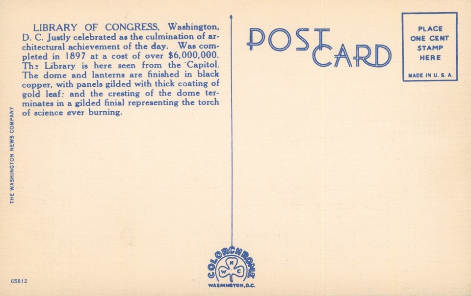 Library of Congress, Washington D.C. - Vintage 1940s Postcard Great ...