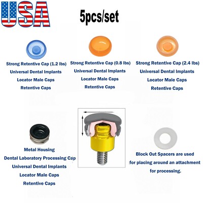 US Universal Dental Overdenture Retention Caps Metal Housing Kits for ...