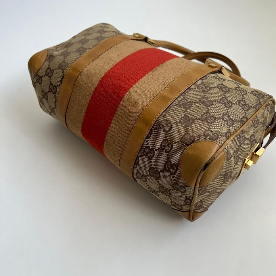 GUCCI Web Stripe GG Mini Boston Bag Beige Canvas Authentic | eBay