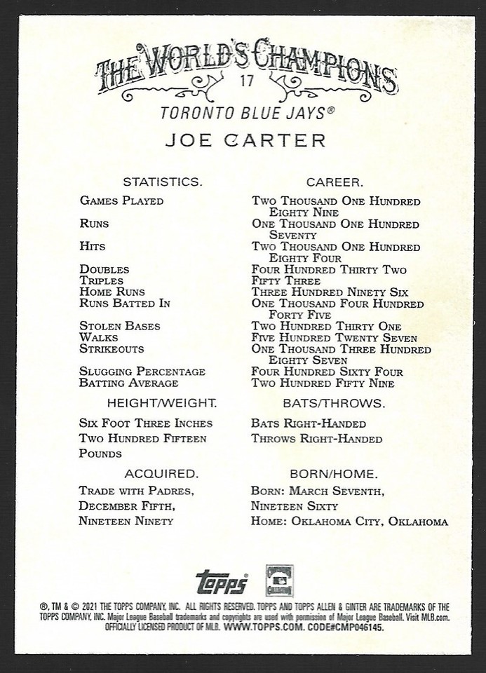 JOE CARTER 2021 Topps Allen & Ginter Baseball Card #17 TORONTO BLUE ...