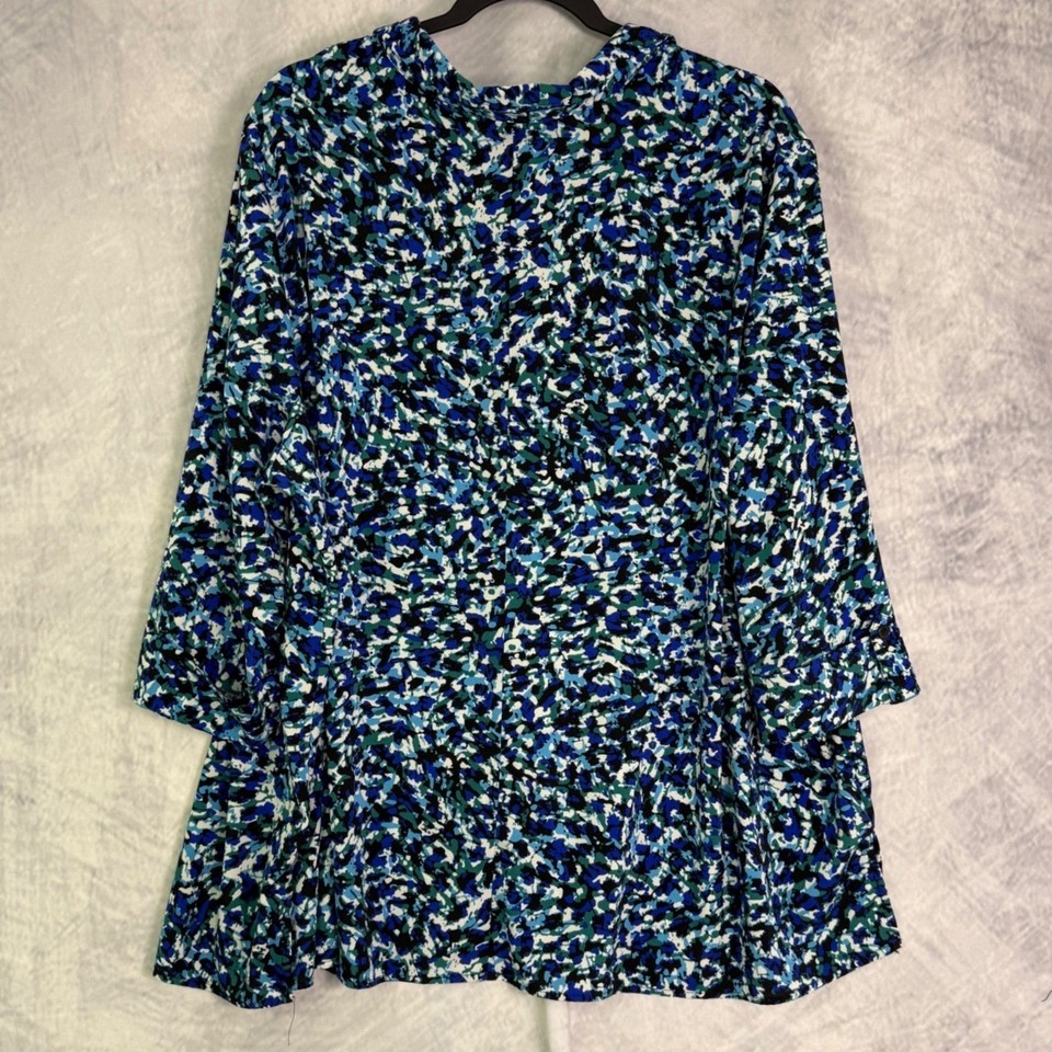 Catherines top Women's sz 2X Blue green abstract roll tab Sleeve Button ...