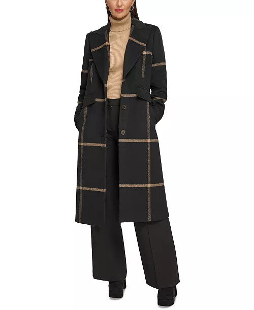 DKNY Women's Single-Breasted Reefer Black Plaid Lined Wool Coat Size S ...