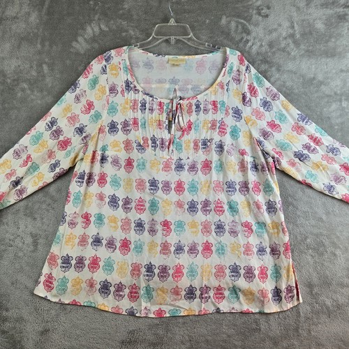 Modcloth Top Womens 2X Cream Patterned Key Hole Neck Pleated Roll Tab ...