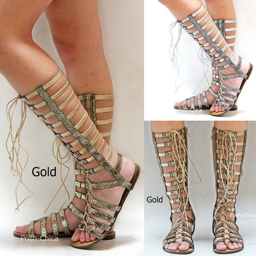 New Women Gold Silver Lace Up Strappy Tall Gladiator Knee High Sandals ...