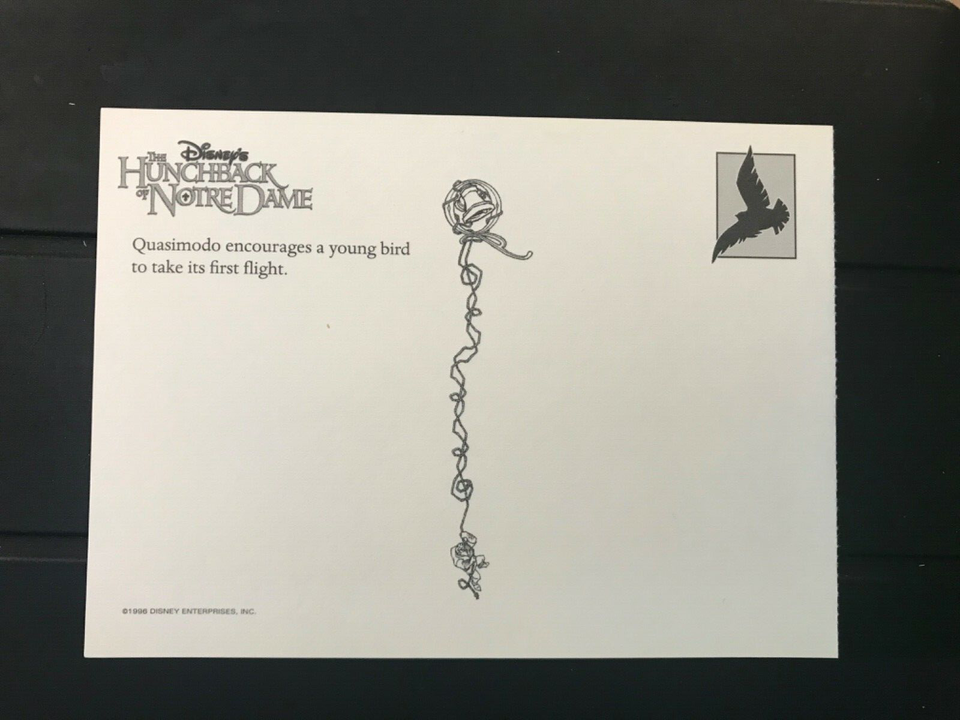POSTCARD-DISNEY HUNCHBACK OF NOTRE DAME-QUASIMODO ENCOURAGES BIRD TO ...