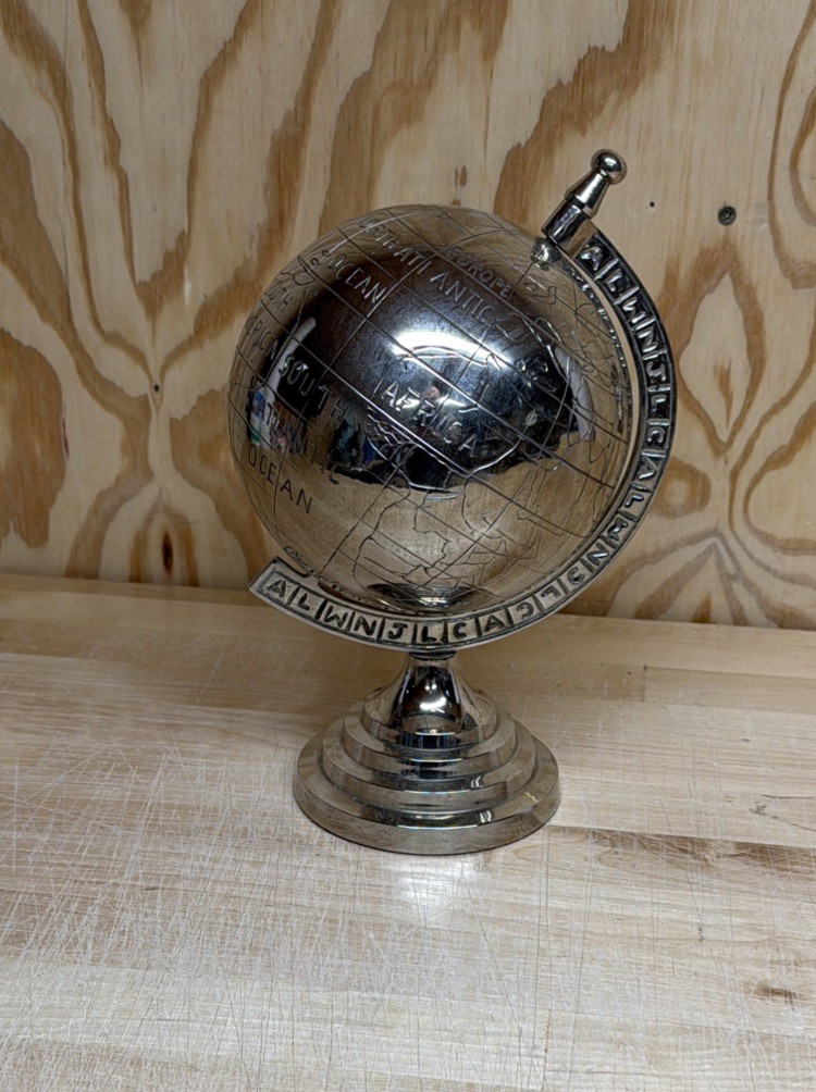 Vtg Silver Metal Chrome World Globe Map Rotating Heavy Desktop Decor 10 ...