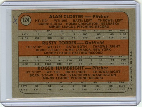 1972 TOPPS BASEBALL #124 ALAN CLOSTER AUTOGRAPH, NEW YORK YANKEES ...