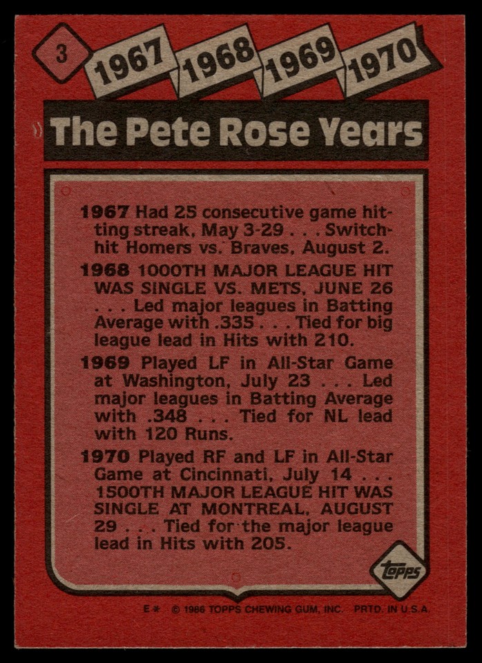 1986 Topps Rose Special: '67-'70 #3 Cincinnati Reds TPRY Baseball Card ...