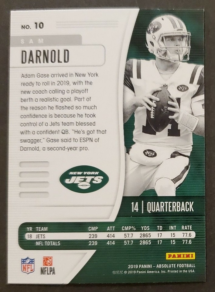2019 Panini Absolute #10 Sam Darnold JETS/ PANTHERS QB football card NM ...