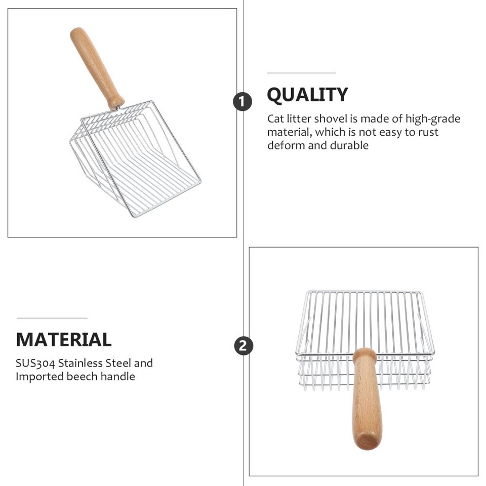 1pc Hollow Cat Litter Shovel Wood Handle Stainless Steel Poop Litter ...