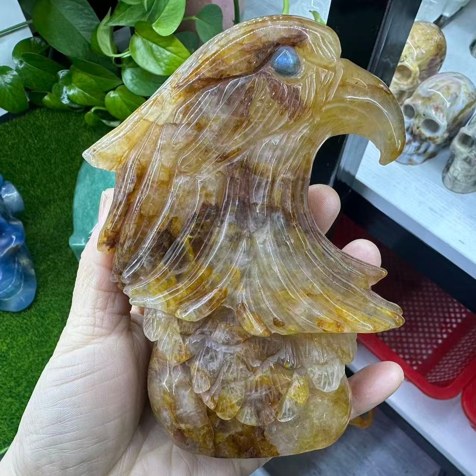1.5LB Natural Yellow glue flower Quartz Crystal Carved Eagle Skull ...