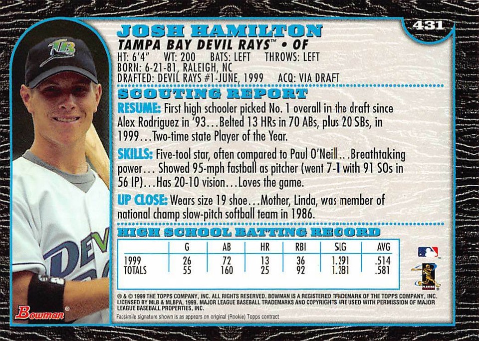 1999 Bowman Baseball Josh Hamilton Rookie Card #431 NM/MT RAYS PACK ...