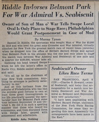 1938 Sports Page - Riddle Agrees Belmont Park For Seabiscuit vs. Man o ...