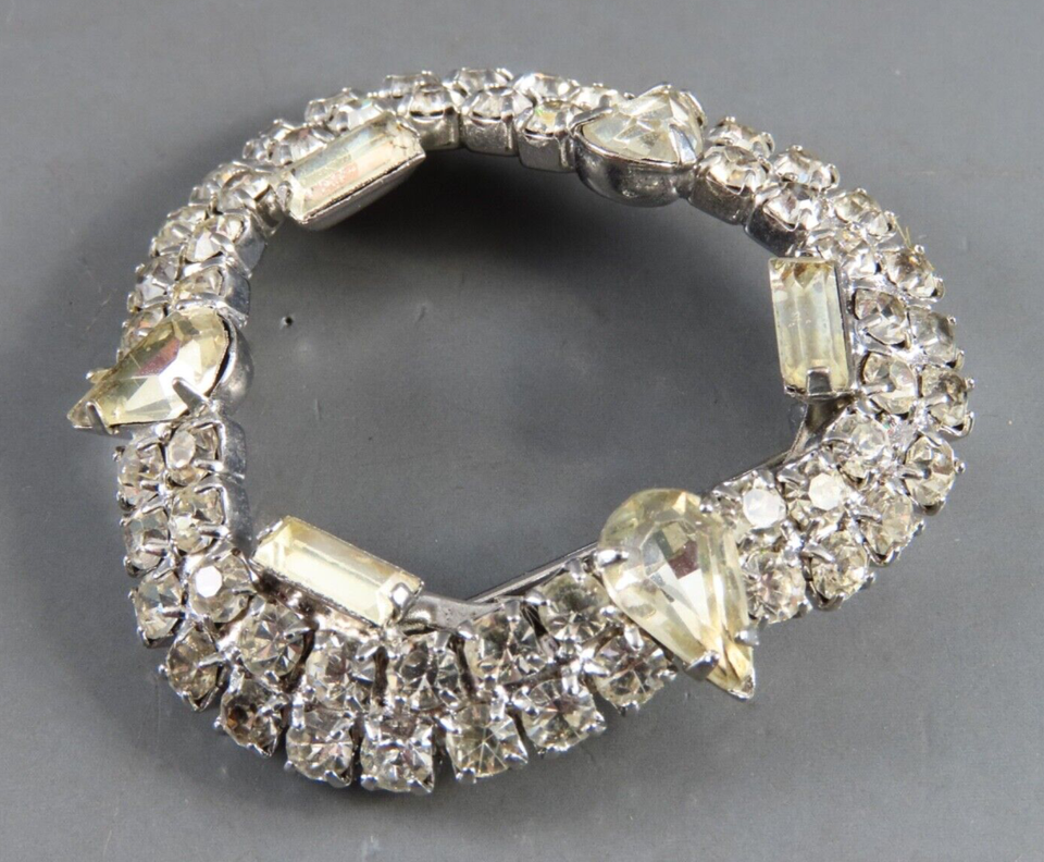 Vintage SILVER TONE BROOCH PIN Clear Rhinestones ROUNDED TRIANGLE Pear ...