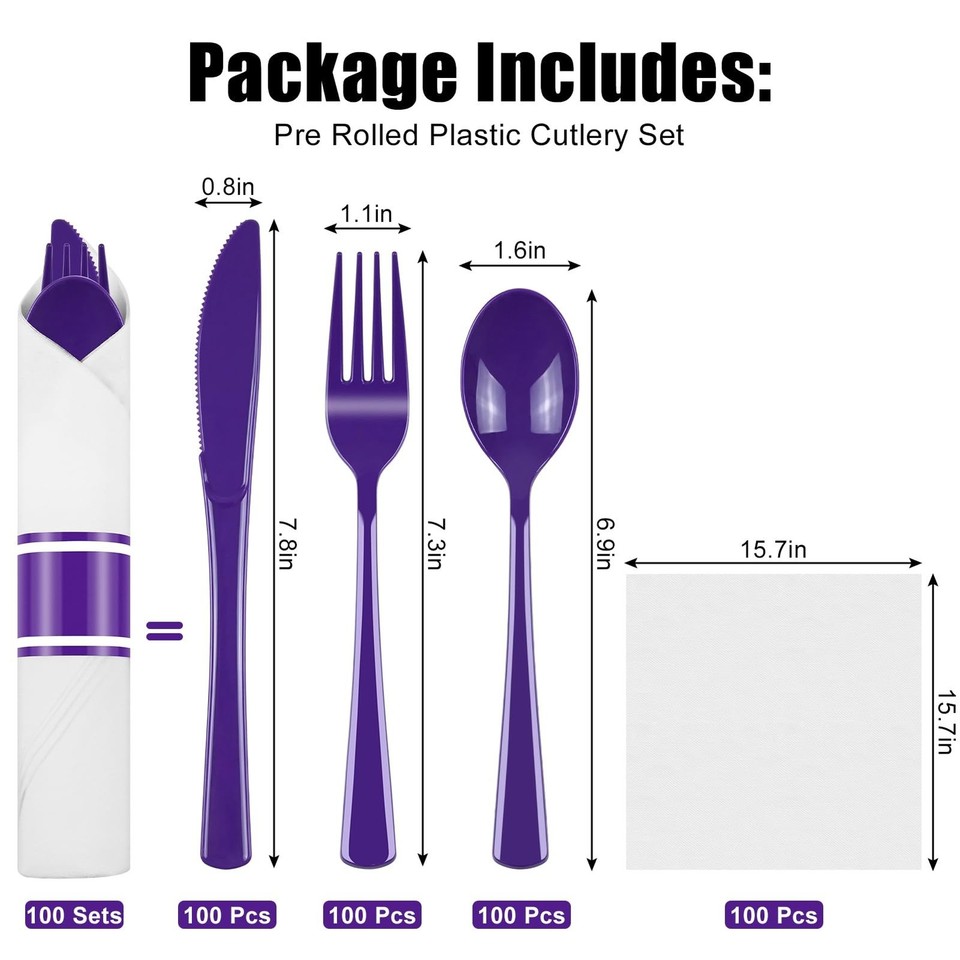 100 Pack Pre Rolled Purple Plastic Silverware with Napkins - Disposable ...