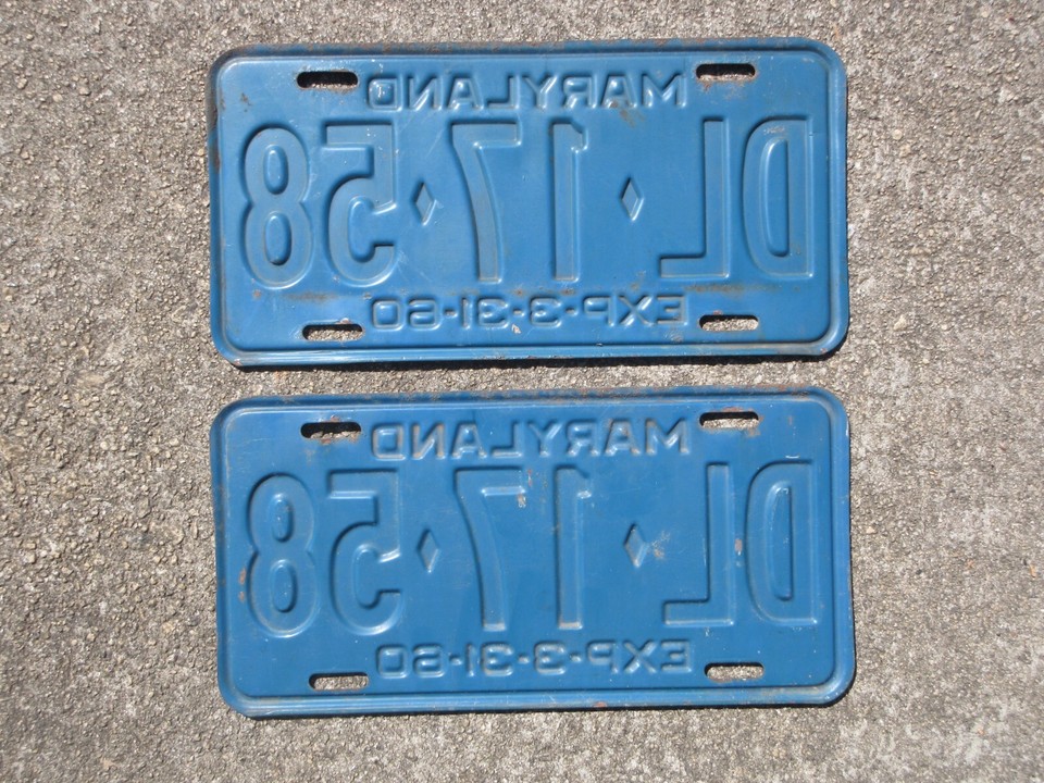 1960 Maryland Blue White License Plate Pair DL 1758 MD Ford Chevrolet ...