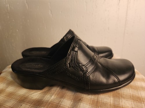 Clarks Bendables Black Leather Womens sz 7 M Slip On Clogs Mules Shoes ...