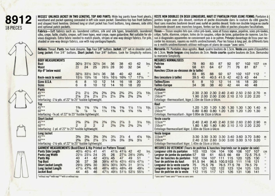 Simplicity 8912 Jacket Top Pants Misses Sewing Pattern Uncut Size 10 12 ...
