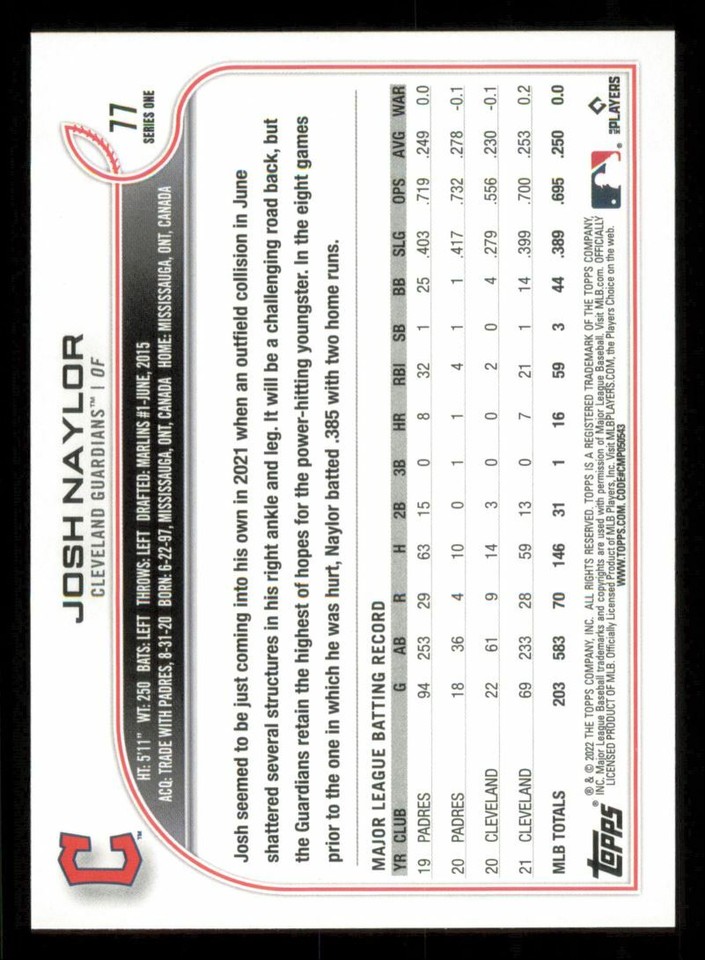 2022 Topps Josh Naylor Cleveland Guardians #419 | eBay