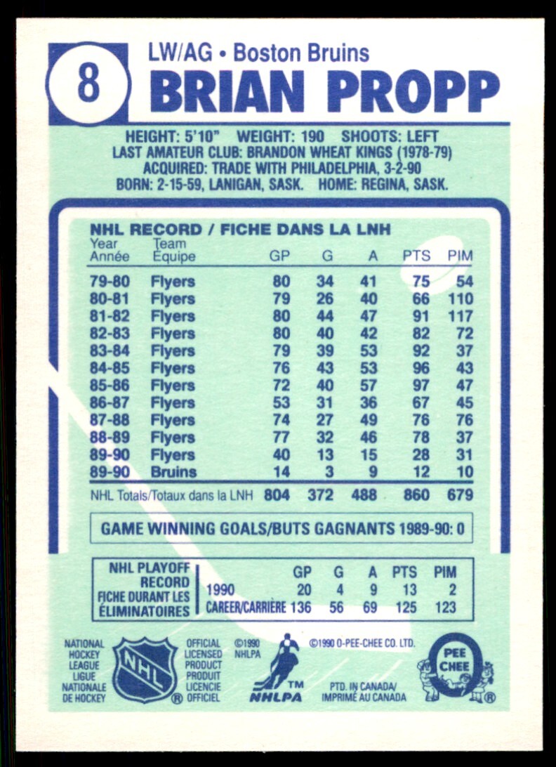 1990-91 O-Pee-Chee Brian Propp . Boston Bruins #8 | eBay