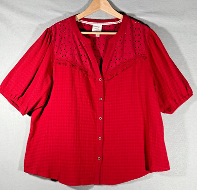 Knox Rose Women's XL Boho Eyelet Lace Button Up Red Tunic Blouse 3/4 ...
