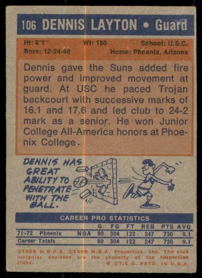 1972-73 Topps Basketball Dennis Layton Phoenix Suns #106 | eBay