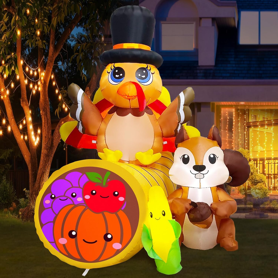 6FT Tall Thanksgiving Inflatables Turkey Decor with Squirrel Corn and ...
