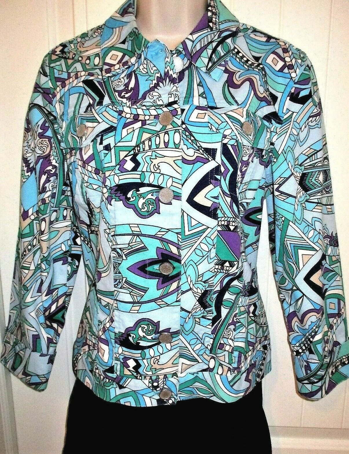 Chico's Multicolor Abstract Crop Jacket, LS, Button Front, Cotton/Span ...