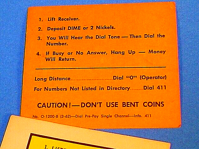 VINTAGE ORIGINAL PAY PHONE TELEPHONE DIRECTIONS INFO INSERT CARDS ...