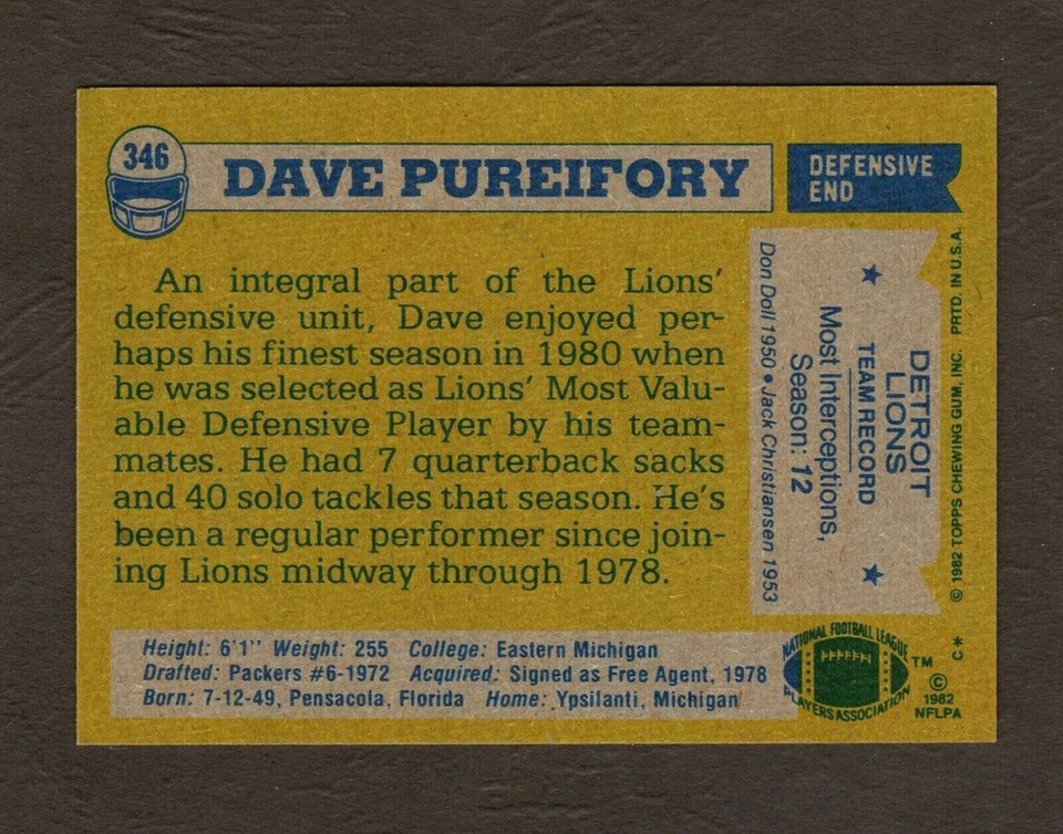 1982 Topps Football Card #346 Dave Pureifory – Detroit Lions | eBay