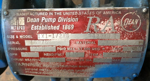 MET-PRO DEAN RA SERIES THERMAL LIQUID HOT OIL CIRCULATION PUMP RA2096 ...