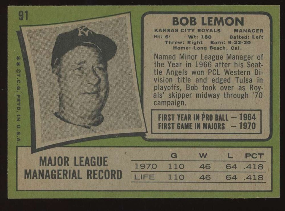 1971 Topps Bob Lemon #91 Kansas City Royals NM Near Mint | eBay