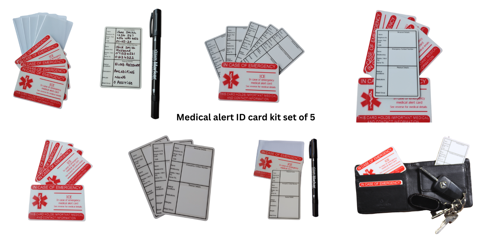 Medical alert ID card Kit set of 5 + Fine tip permanent marker pen ...
