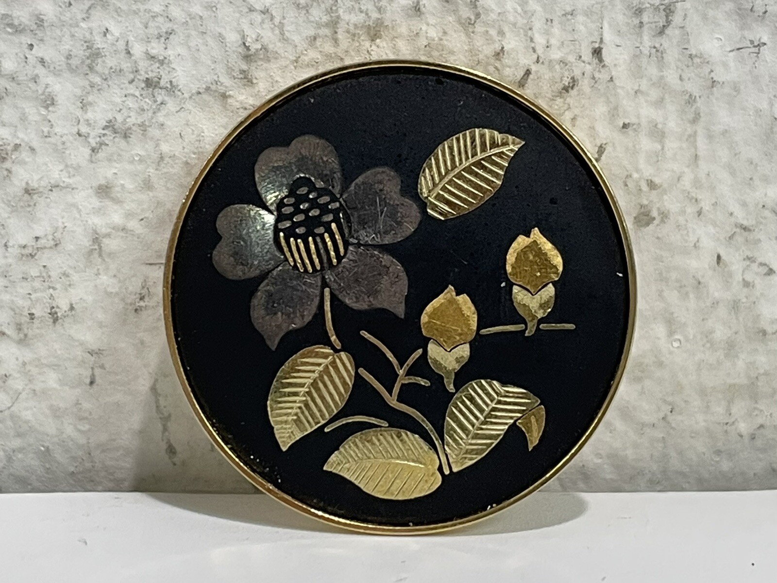 Vintage Amita ~ Damascene Gold Tone Flower Pin Brooch… - Gem