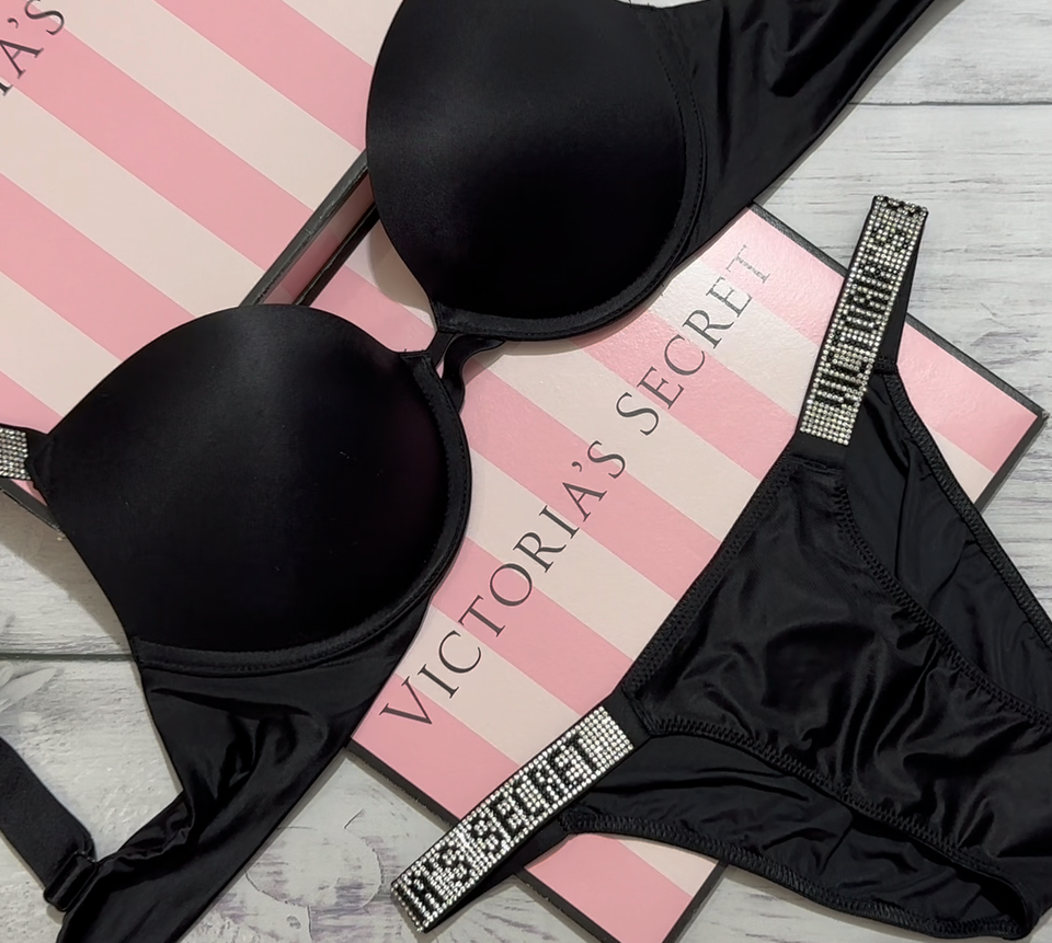 Victoria's Secret Shine Strap Rhinestone Push-Up Bra Bikini Set Black ...