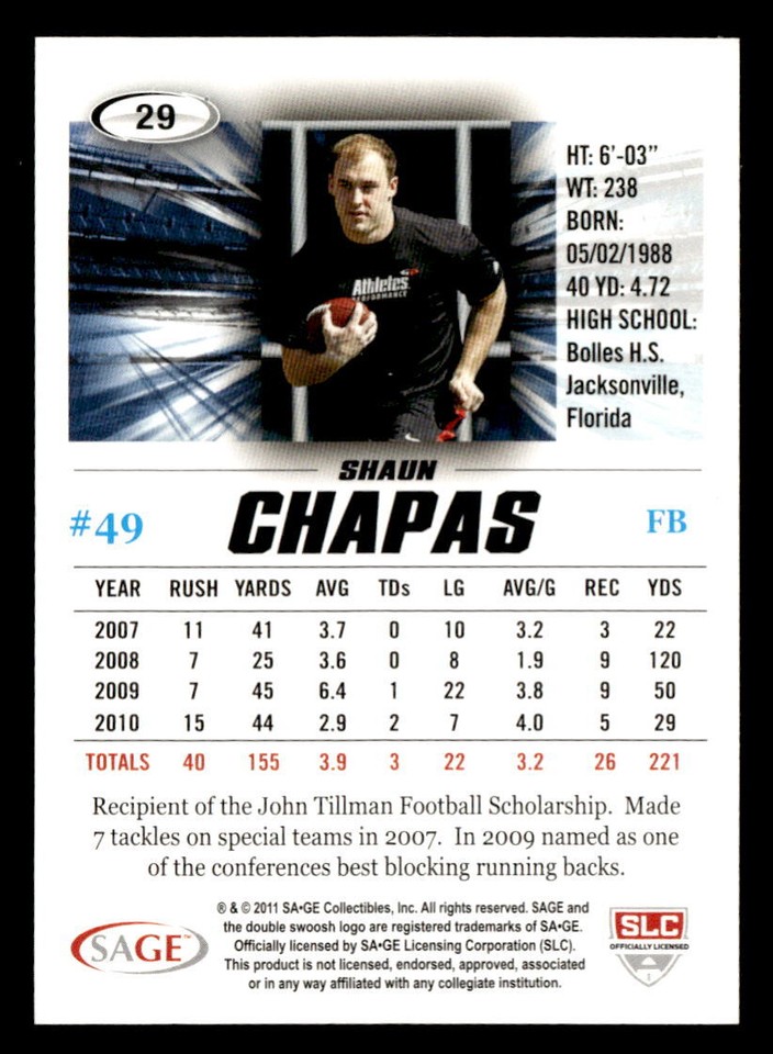 Shaun Chapas 2011 SAGE HIT Card #29 Georgia Bulldogs | eBay