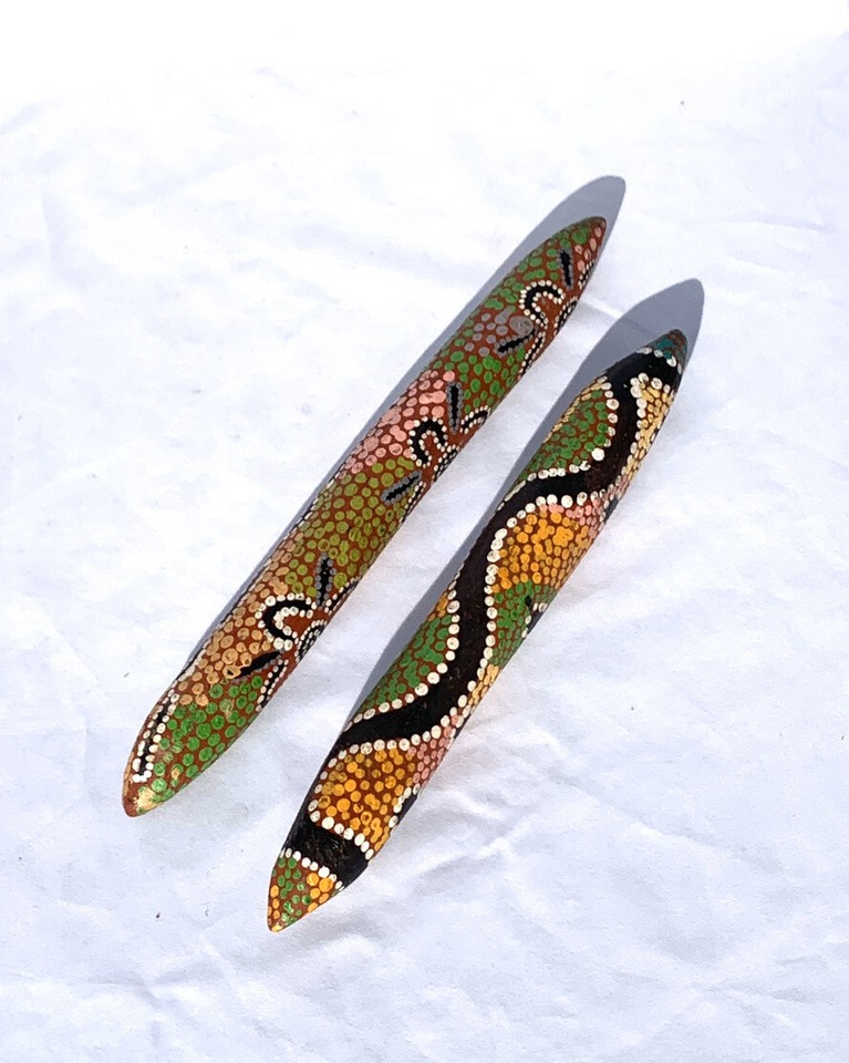 Rare Set Of 2 Vintage Old Australian Aboriginal Indigenous Dot Art Clap ...