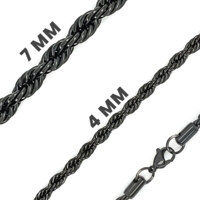 Stainless Steel Rope Chain Necklace - 24" Black Rope Chain Biker ...