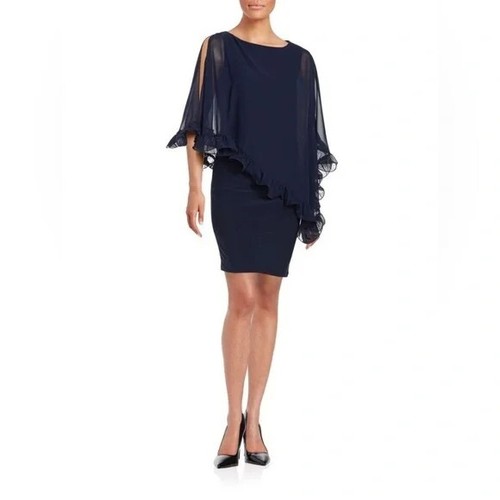 Xscape Cocktail Dress Navy Blue Shift Dress Sheer Ruffle Overlay Formal ...
