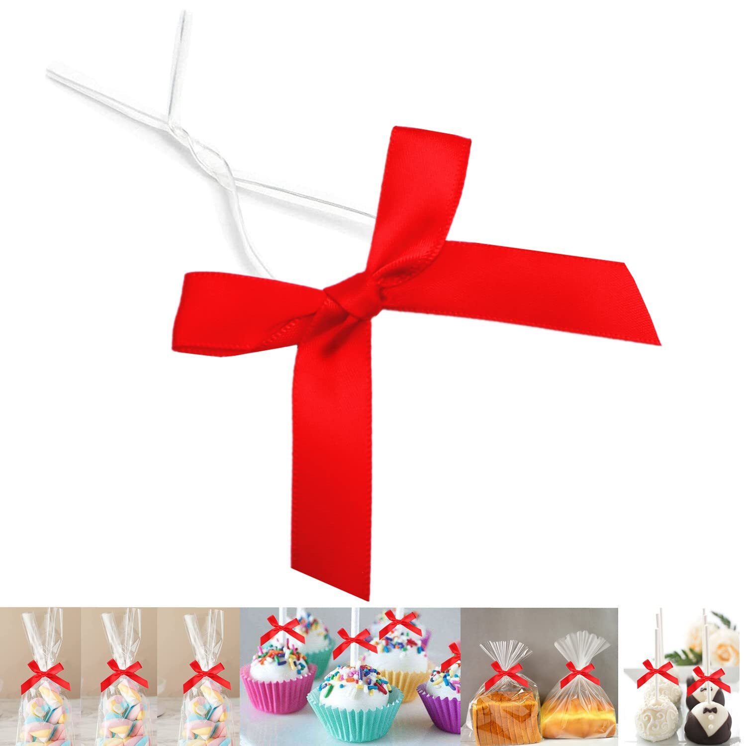 50 Pack 3" Red Ribbon Twist Tie Bows Pre Tied Bows for Gifts Bow Ties ...