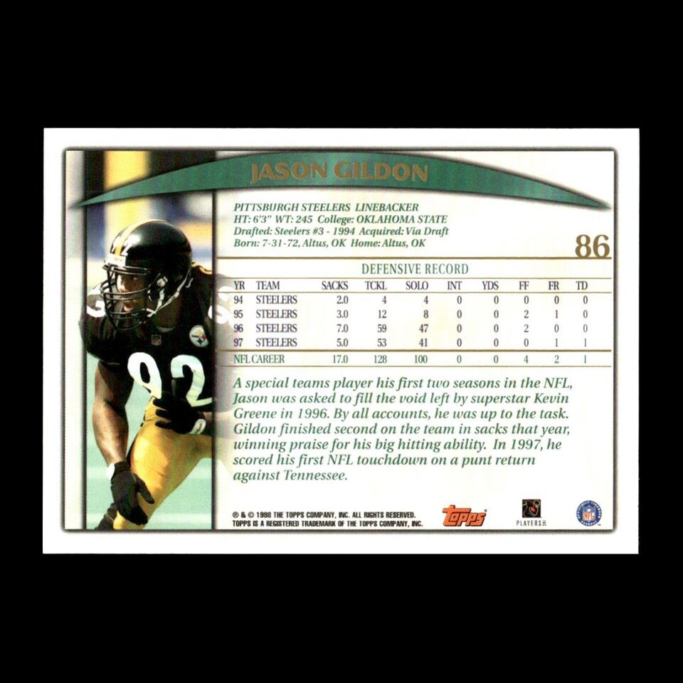 Jason Gildon 1998 Topps Pittsburgh Steelers #86 R323G 79 | eBay