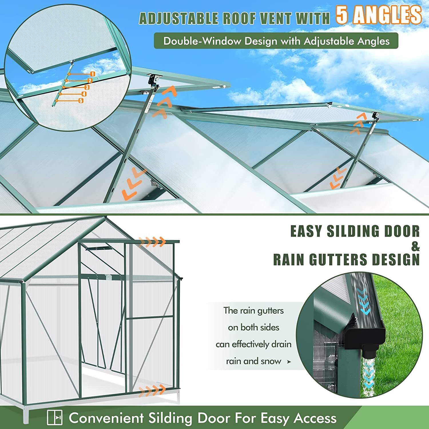 6x10' Walk-in Polycarbonate Plant Greenhouse with Window Door Garden ...