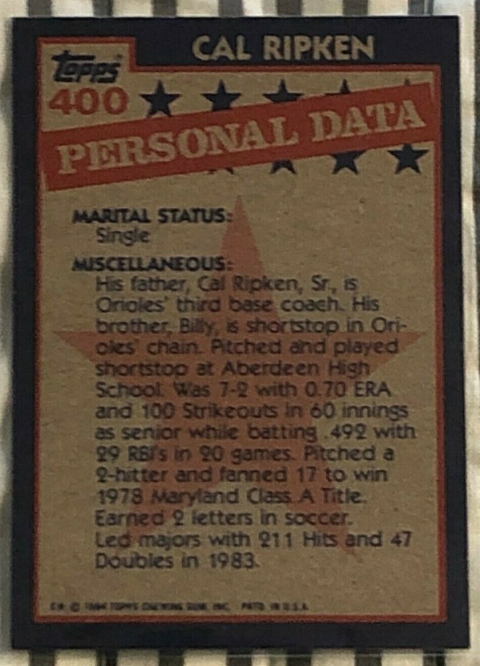 1984 CAL RIPKEN Topps ALL-STAR Baseball Card #400 Baltimore Orioles SS ...