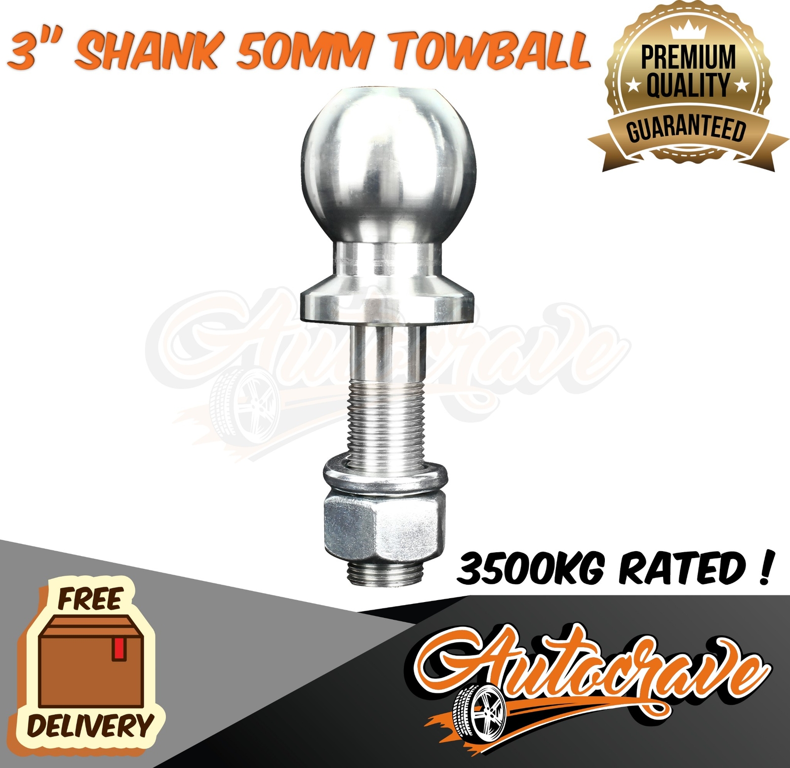 Towball high shank Trailer Coupling High Rise Tow Ball 50mm 3" 3500kg ...