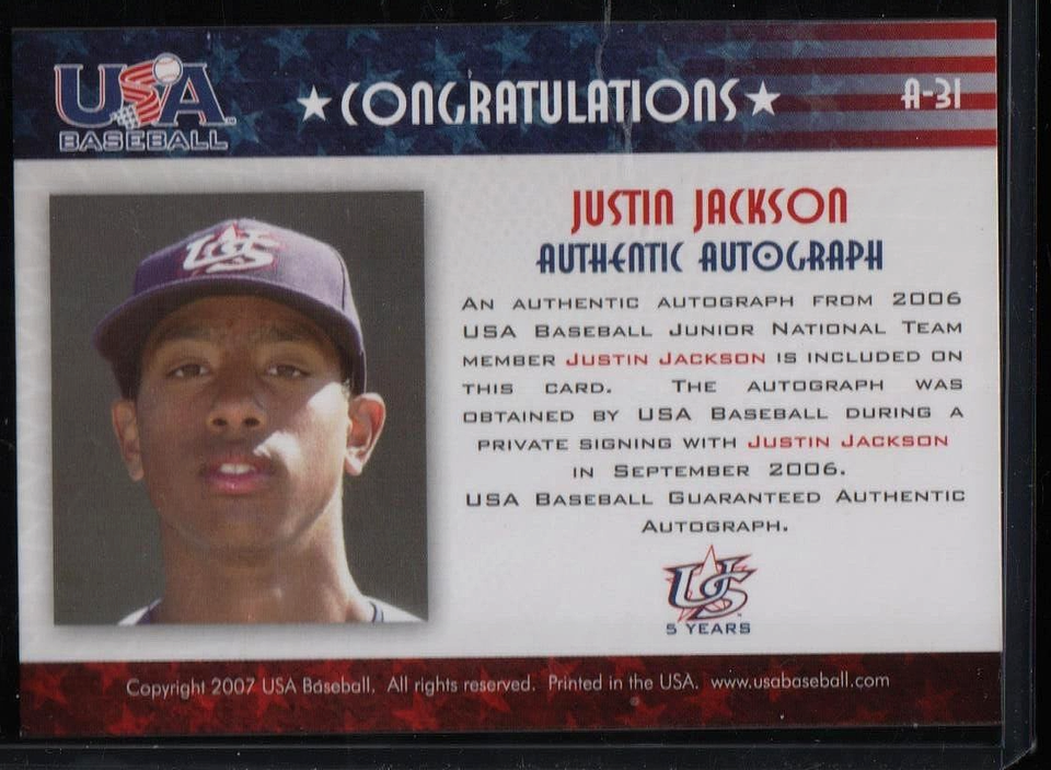 Justin Jackson 2007 UD USA Baseball Junior Signatures Autograph 378/595 ...