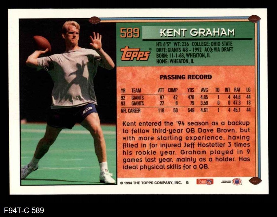 1994 Topps #589 Kent Graham Giants Ohio St 8 - NM/MT | eBay