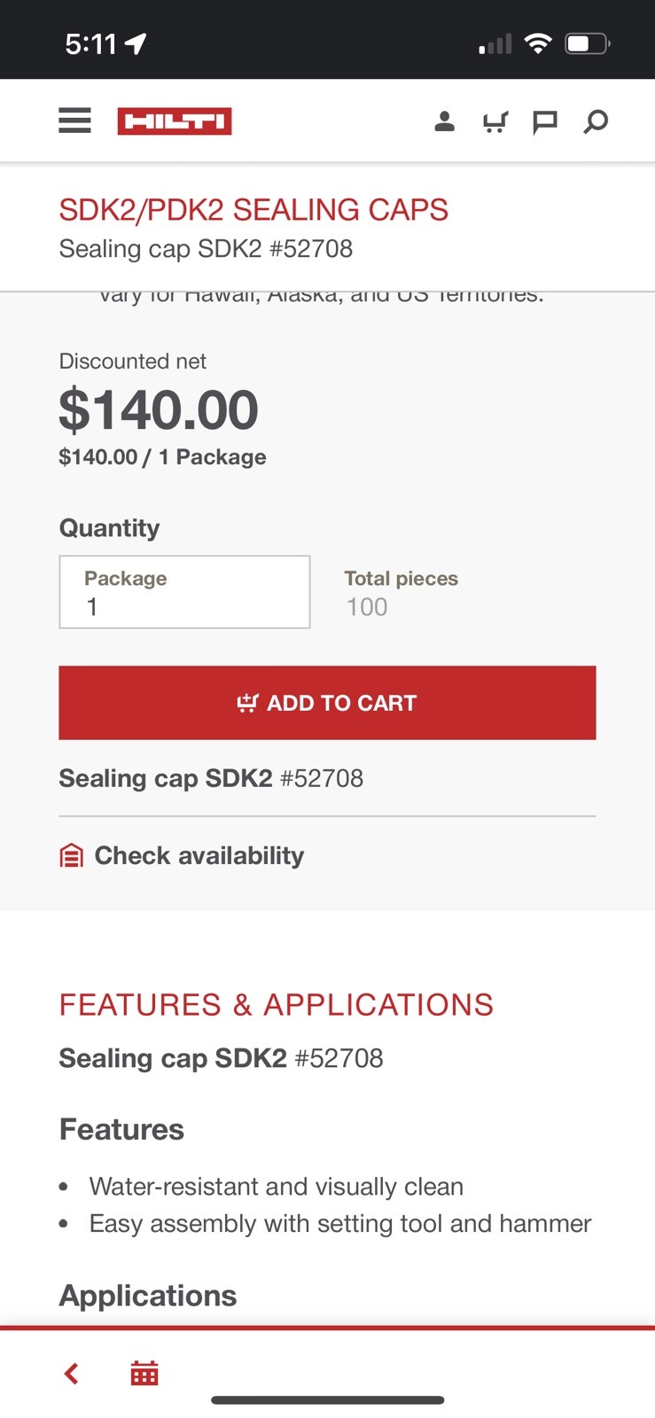 Brand New Hilti SDK2/PDK2 SEALING CAPS #52708 FAST FREE SHIPPING ONE ...