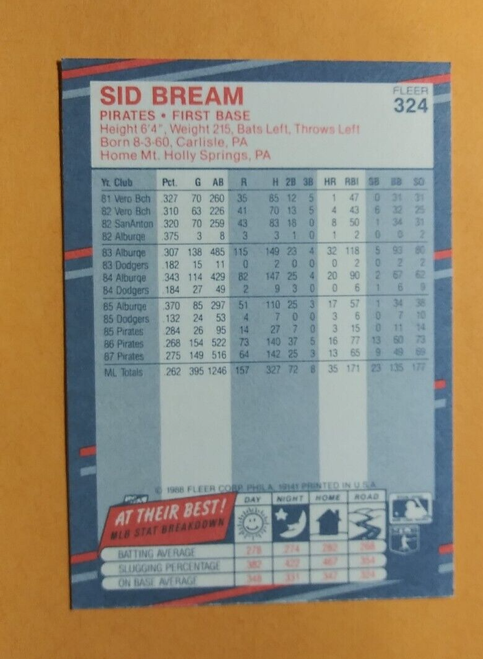 1988 Fleer Baseball Card Sid Bream Pittsburgh Pirates #324 | eBay