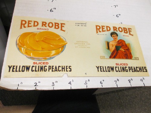 RED ROBE peach fruit Roman emperor 1930s canned food paper label ...